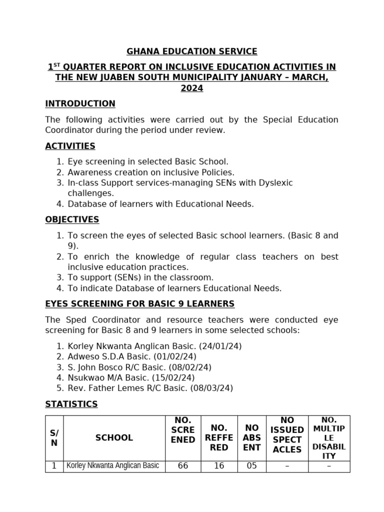 1st Quarter Report On Inclusive Education | PDF | Disability ...