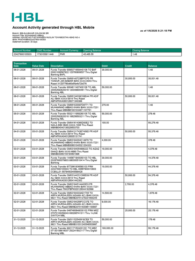 HBL Mobile Account Activity Report | PDF | Banks | Business