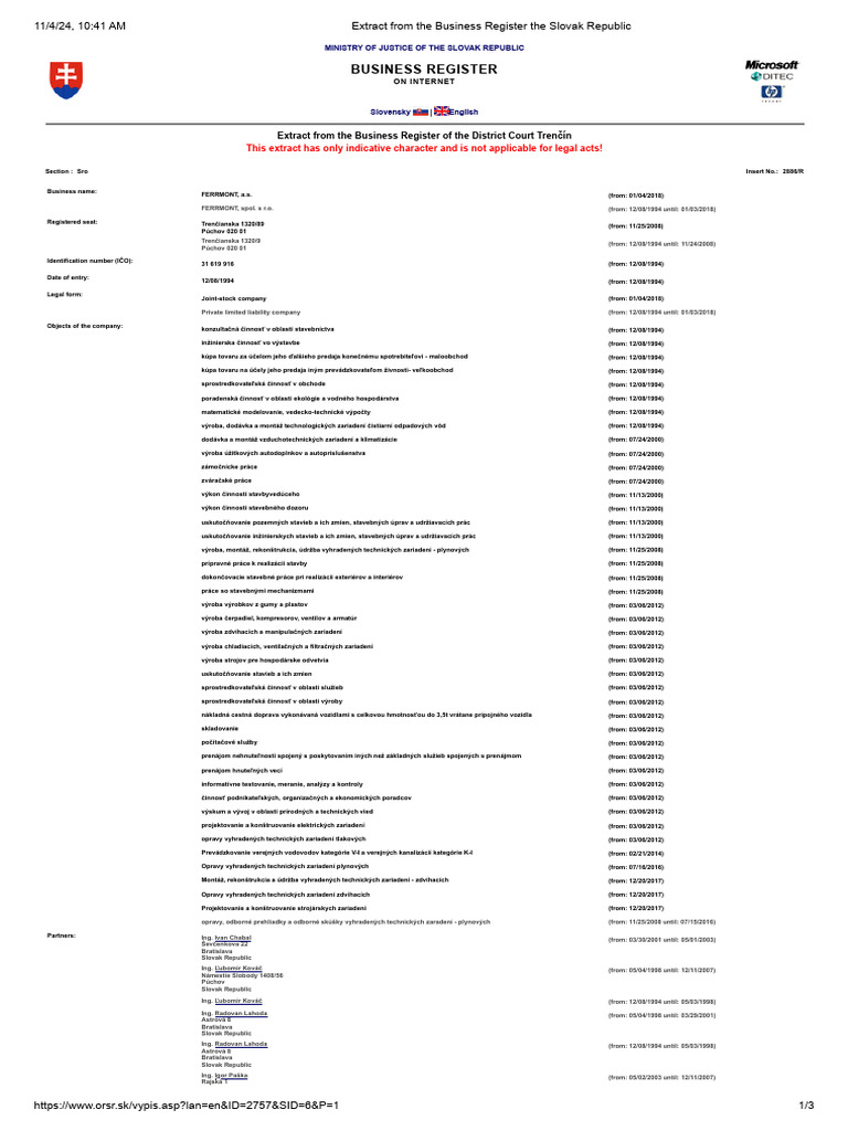 Extract From The Business Register The Slovak Republic | PDF