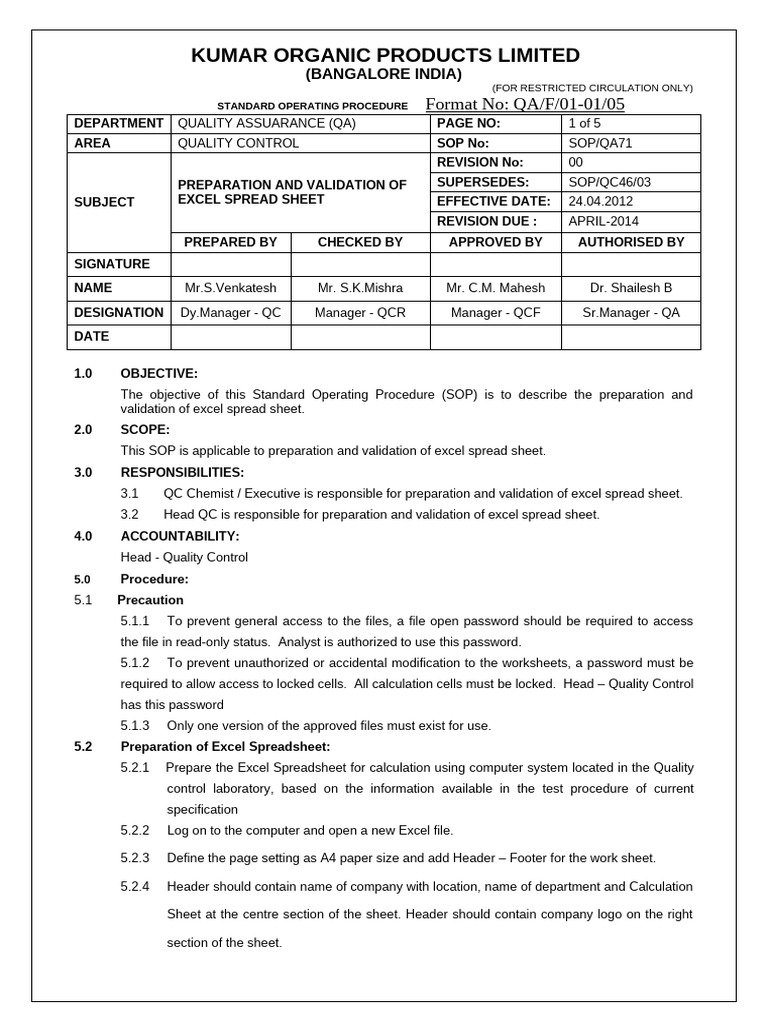 Excel Spreadsheet SOP for QA | PDF | Spreadsheet | Microsoft Excel