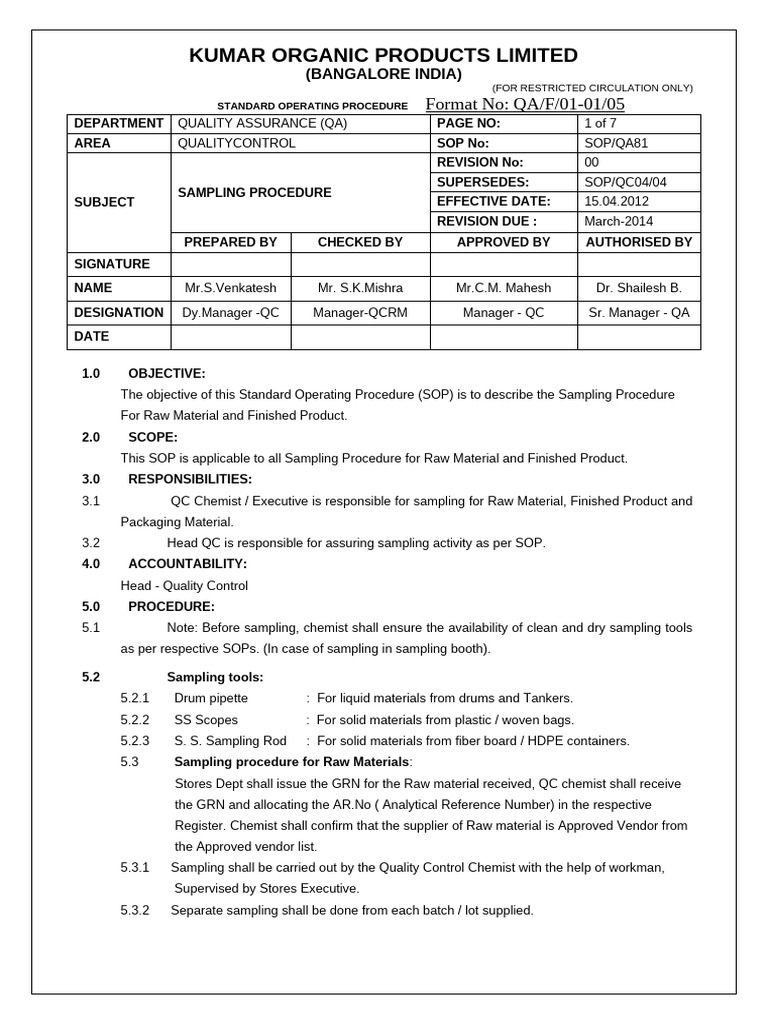 SOP_QC_81_sampling Procedure - Revised - Huss | PDF