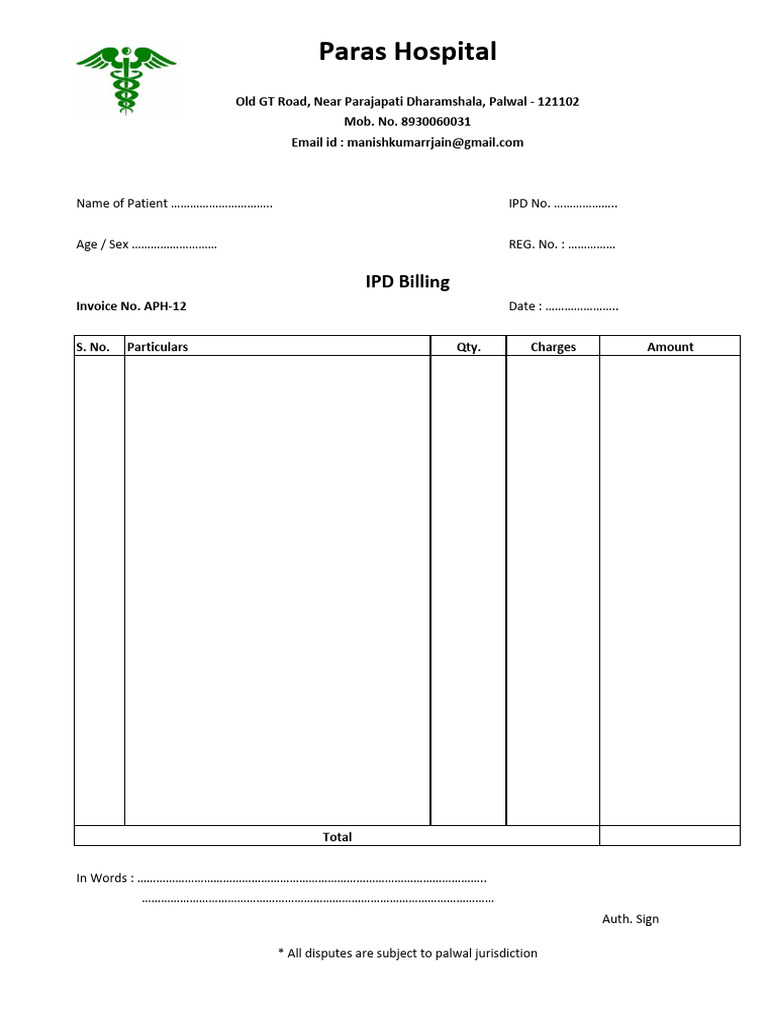Patient IPD Billing Invoice Template | PDF