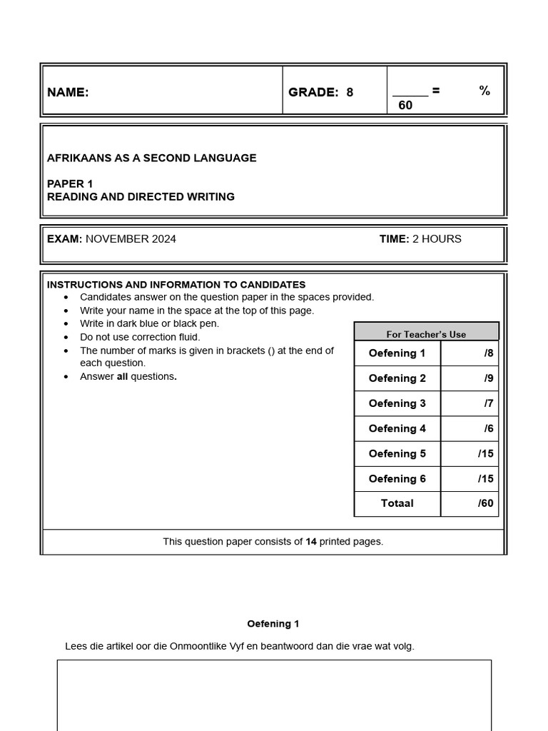 K4 Afrikaans 2 Paper 1 Grade 8 2024 MEMO | PDF