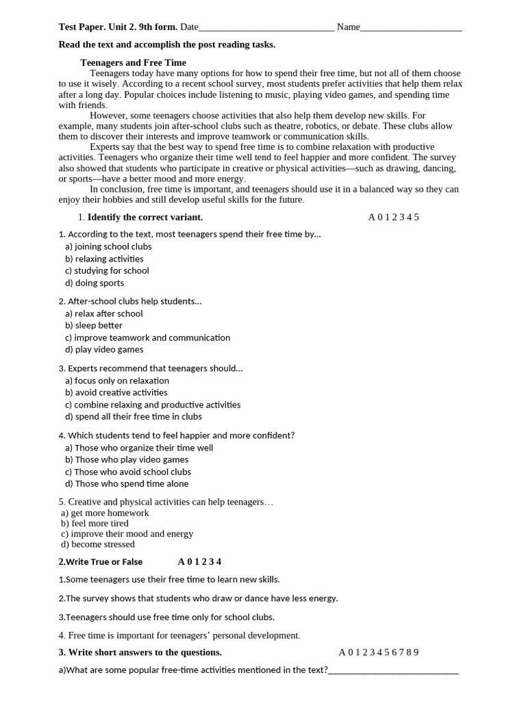 summative test,unit 2 9th form | PDF | Adolescence