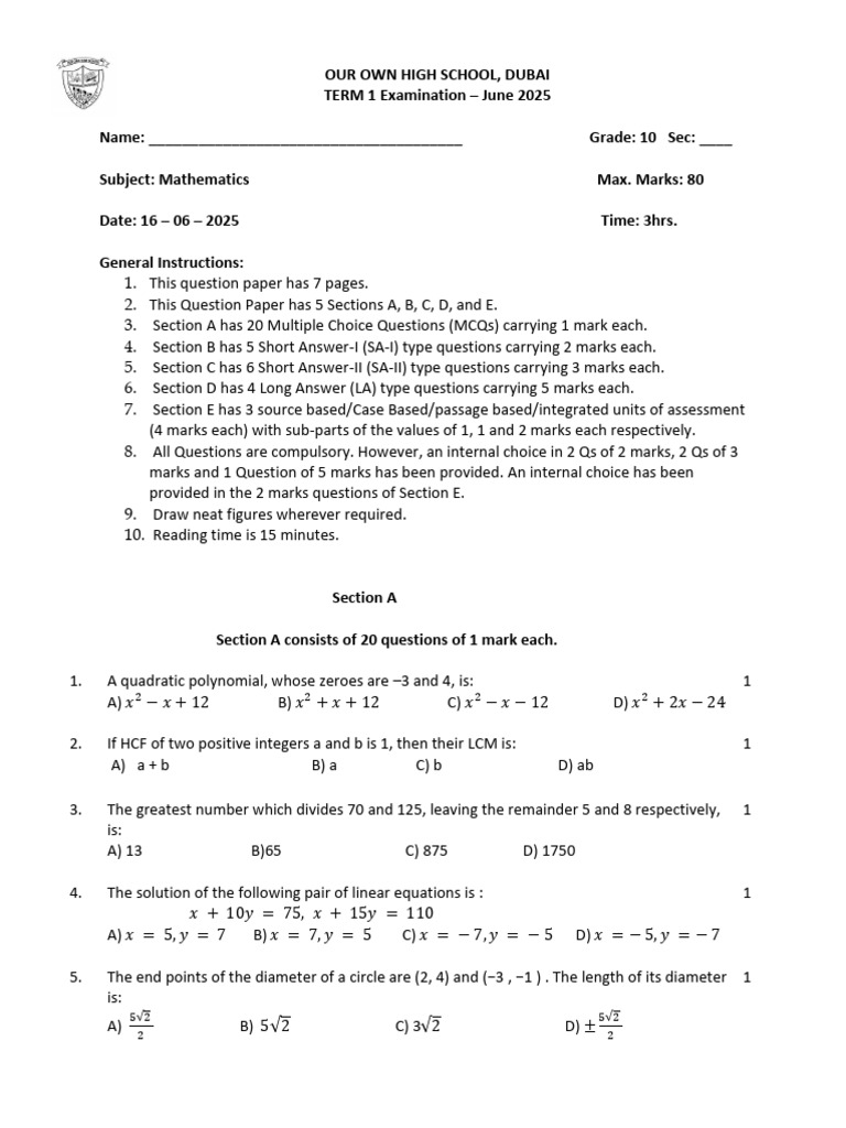 TERM 1 Examination X – June 2025 Question Paper Math (1) | PDF | Numbers | Quadratic Equation