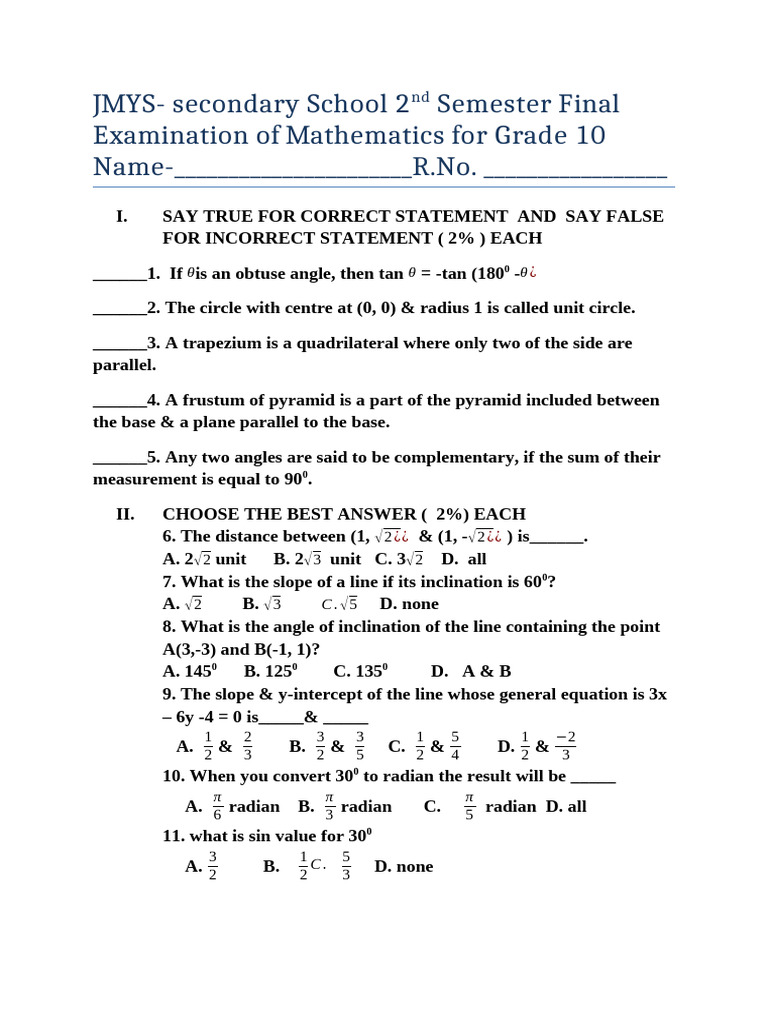 10th Grade Exam | PDF | Trigonometric Functions | Circle