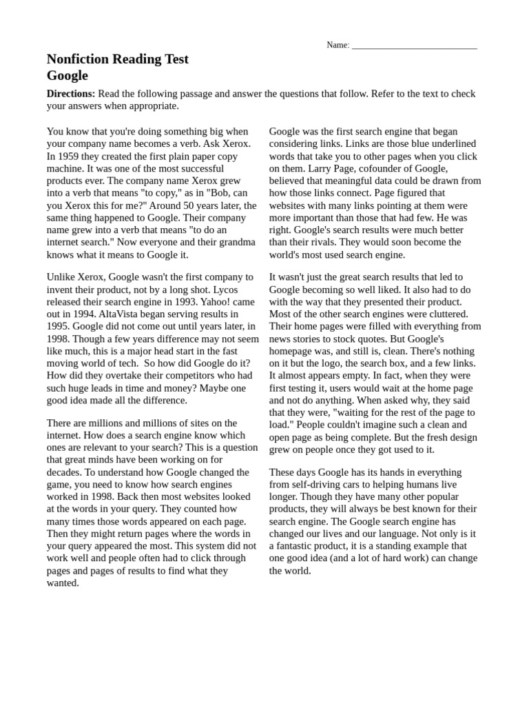 Nonfiction Reading Test Google | PDF