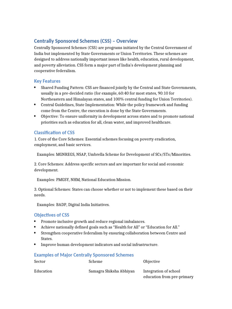 Overview of Centrally Sponsored Schemes | PDF | Infrastructure ...