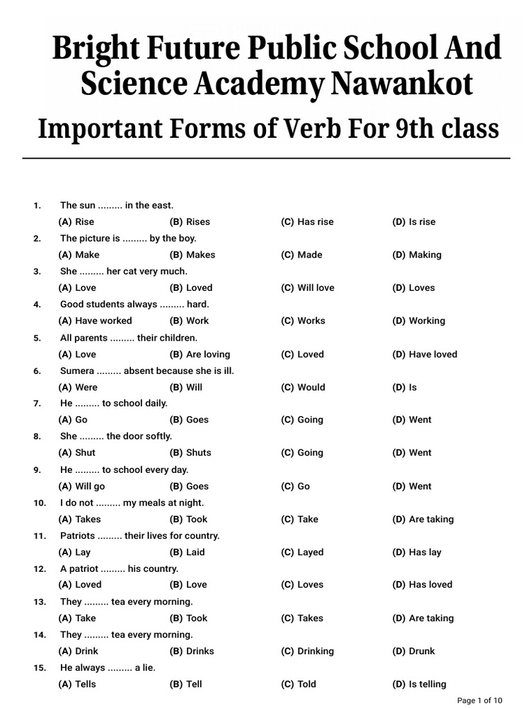 Important Verb Forms for 9th Grade | PDF