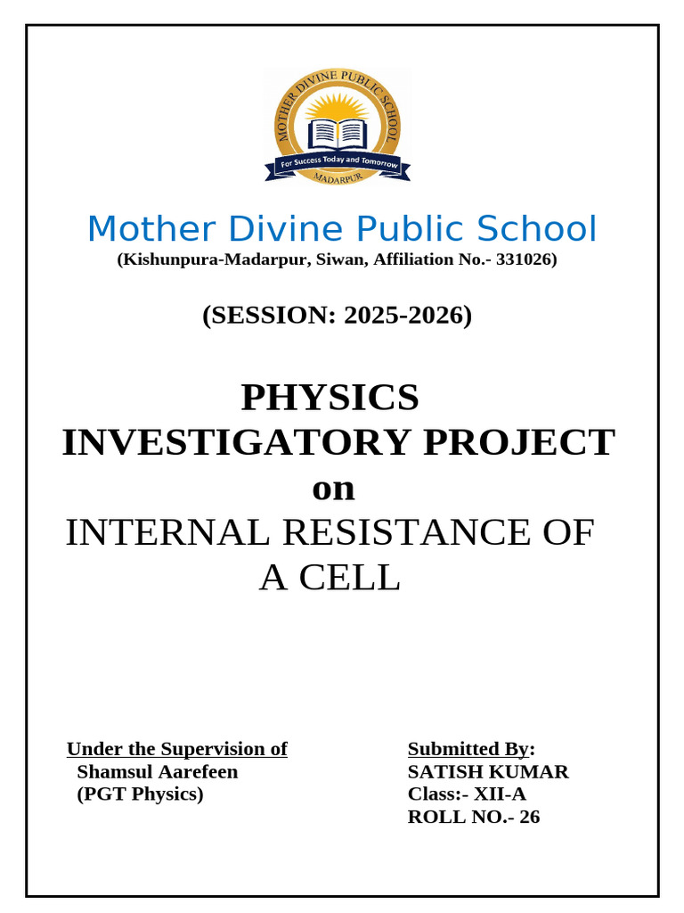 Internal Resistance of a Cell Project | PDF