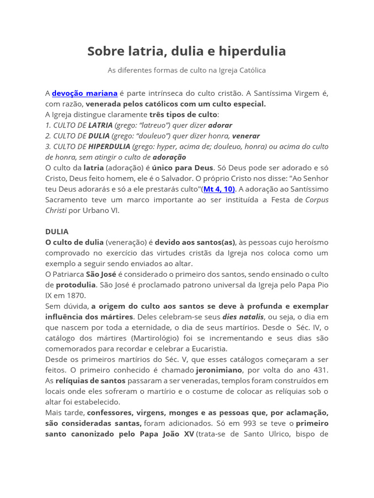 Sobre Latria, Dulia e Hiperdulia | PDF | Santo | Maria, mãe de Jesus
