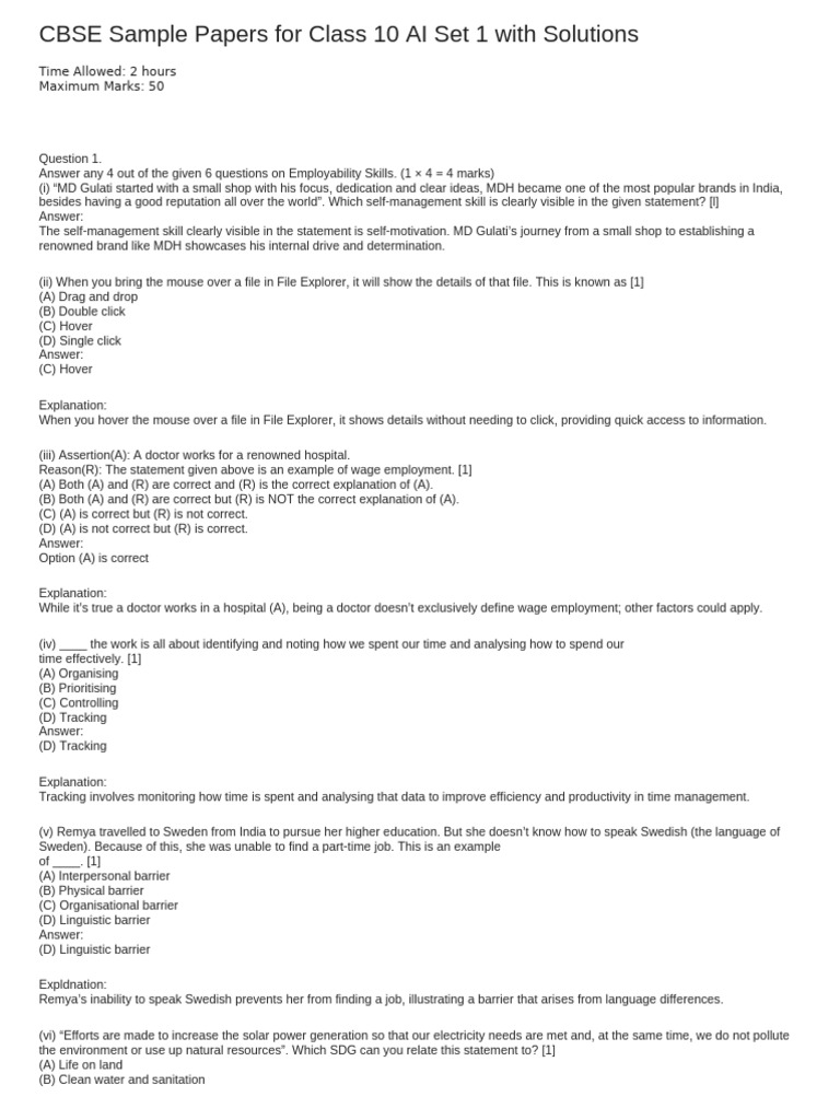 CBSE Class 10 AI Sample Papers Set 1 | PDF | Artificial Intelligence ...