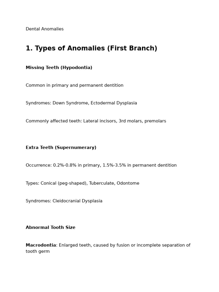 Dental Anomalies Summary | PDF | Human Tooth | Dentistry