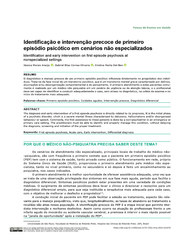 Intervenção Precoce em Primeiro Episódio Psicótico | PDF | Psiquiatria ...