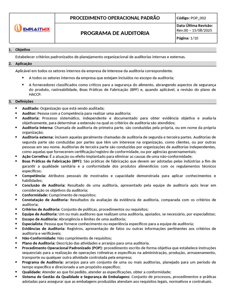 POP_002 - Programa de Auditoria | PDF | Auditoria interna | Business
