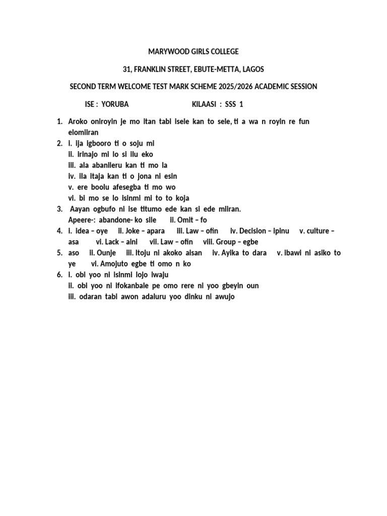 Ss1 2nd Term Welcome Test Mark Scheme (2026) | PDF