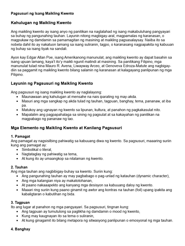 Lasynch Pagsusuri NG Balangkas NG Maikling Kuwento | PDF