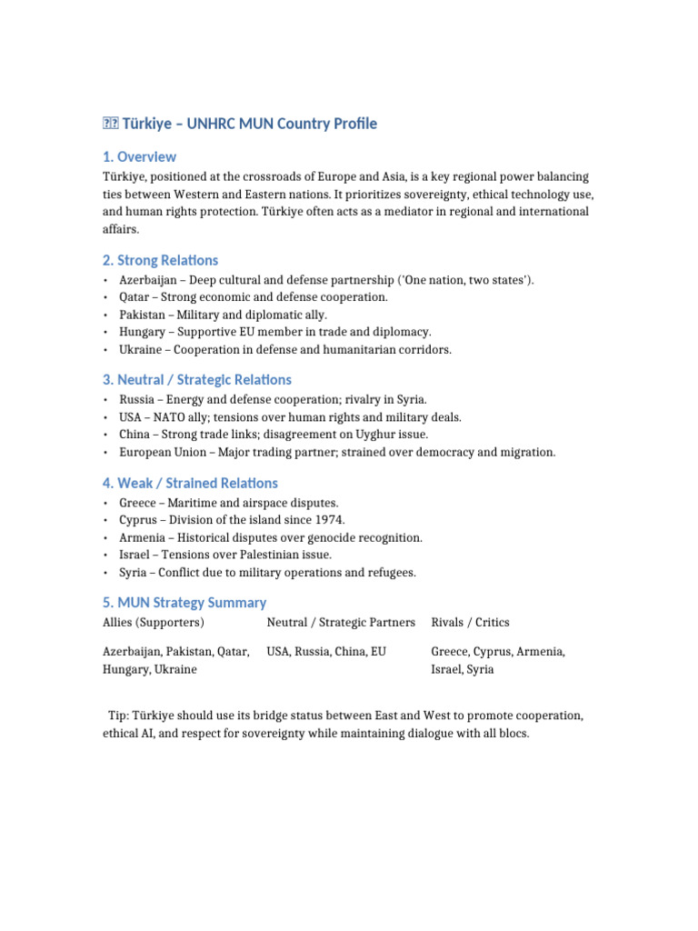 Turkiye MUN Country Profile | PDF