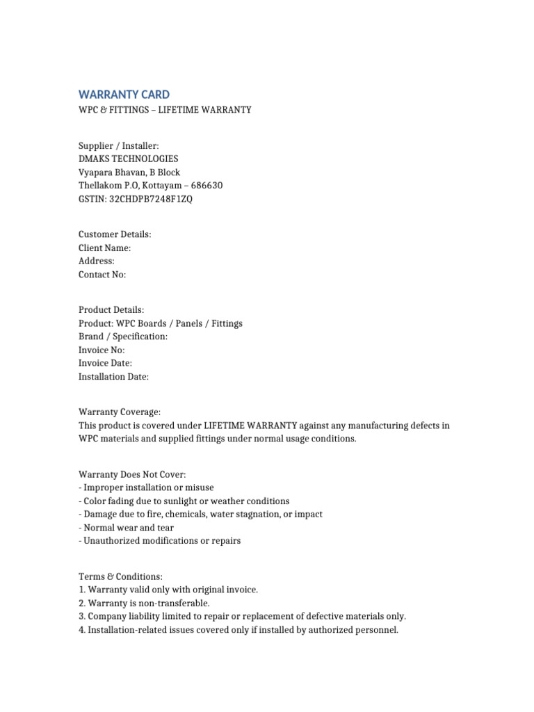 WPC Lifetime Warranty Card DMAKS | PDF