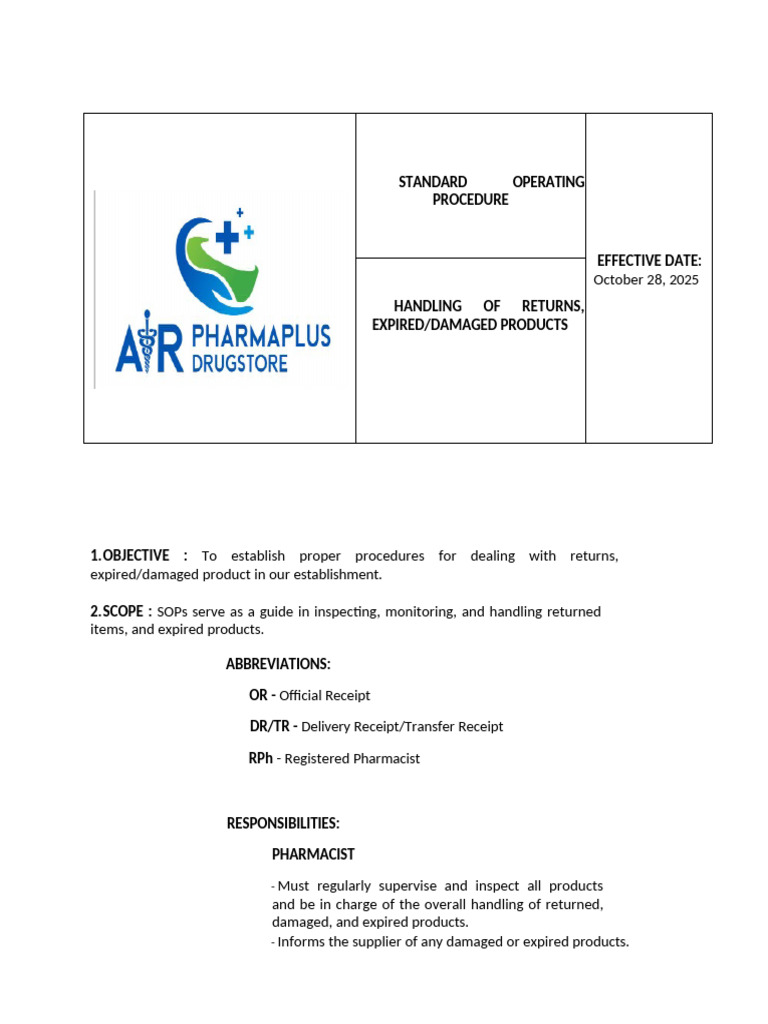 SOP for Handling Returns and Complaints | PDF | Pharmacist | Pharmacy