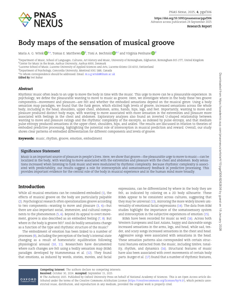 Body Maps of The Sensation of Musical Groove | PDF | Feeling | Pleasure