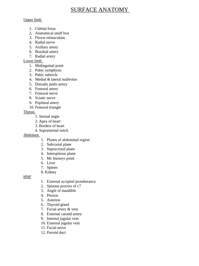 Key Surface Anatomy Landmarks | PDF