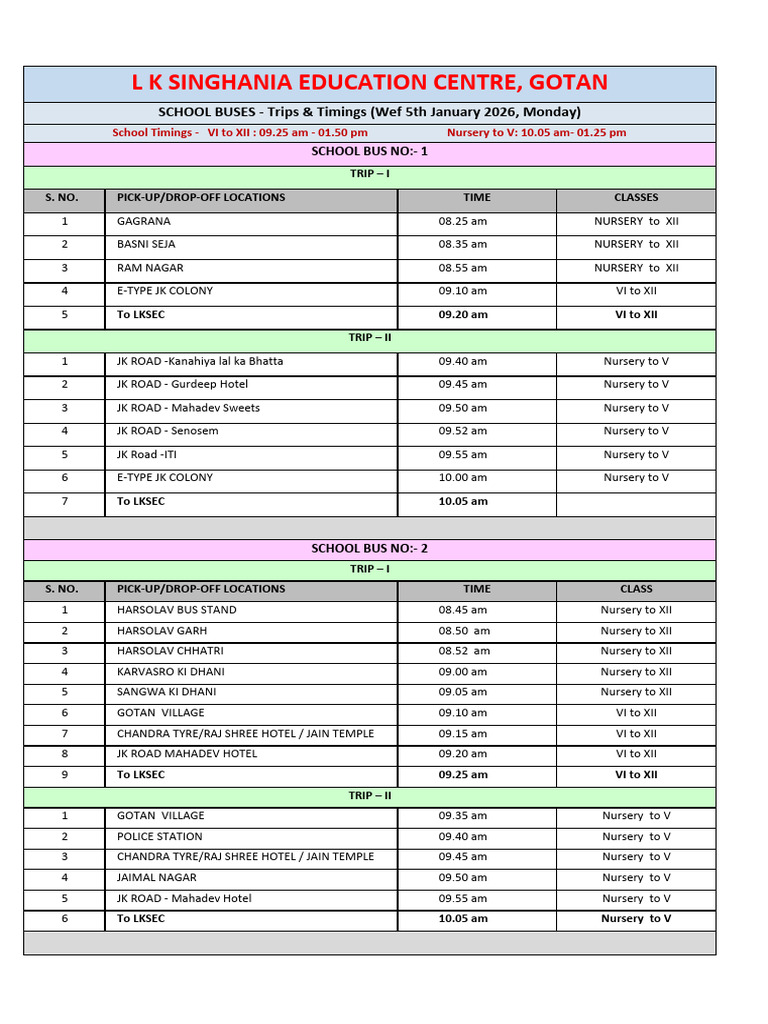 LKSEC School Bus Schedule 2026 | PDF