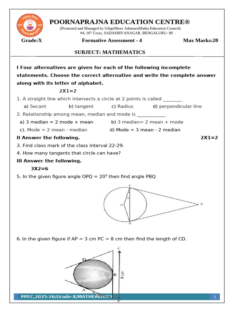 Grade X Mathematics Formative Assessment | PDF