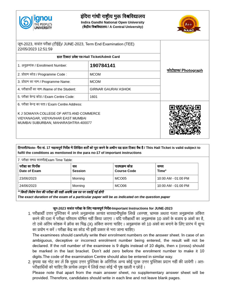 Ignou June-2023 - Hall Ticket - Admit Card | PDF