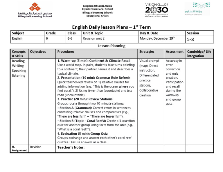 6th Grade English Lesson Plan: Revision Unit | PDF | Linguistics ...