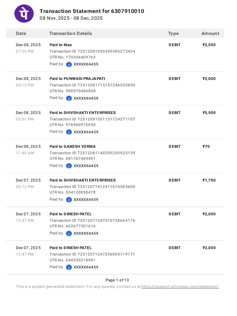 Transaction Statement Nov-Dec 2025 | PDF | Debits And Credits | Debit Card