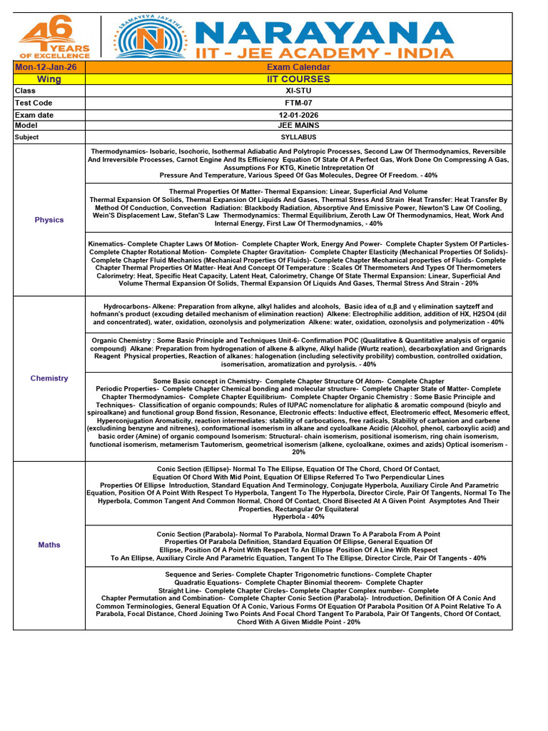 Weekly Exam Calendar - XI - STU - IC & IR - FTM-07 (12!01!2026) | PDF ...