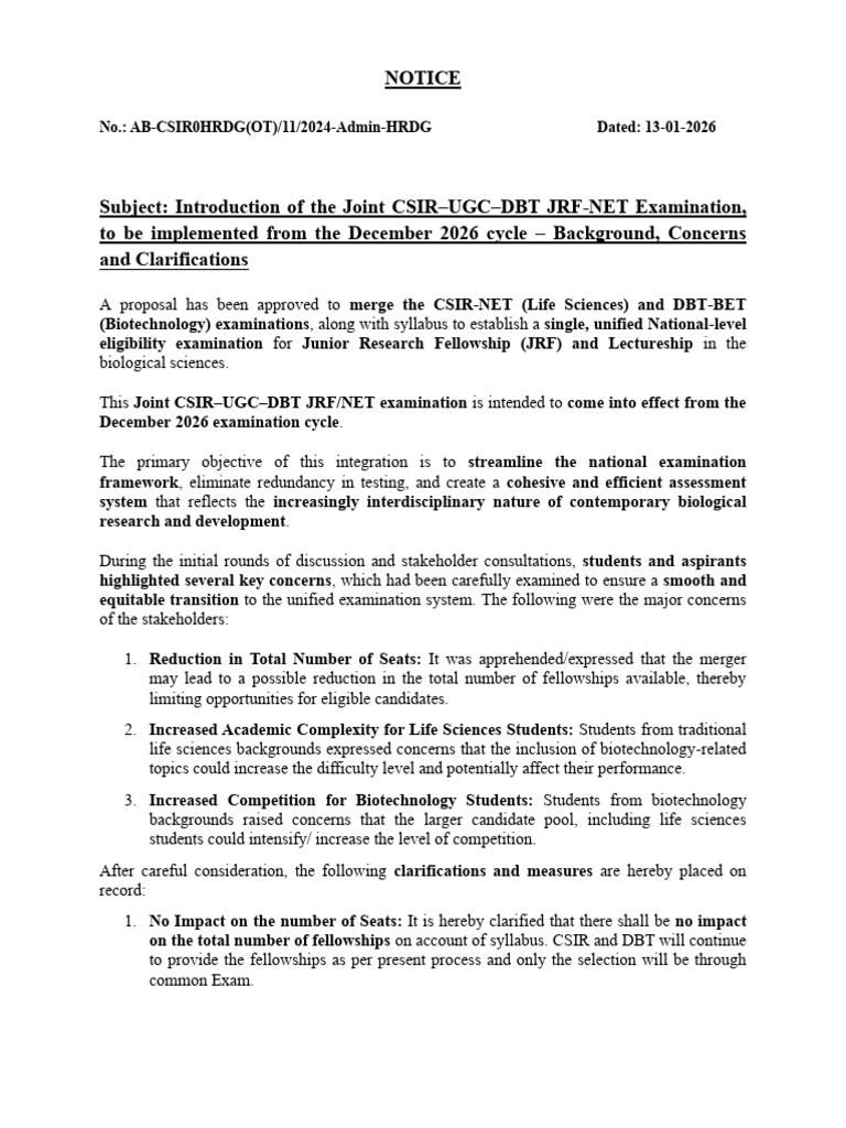 Introduction of The Joint CSIR UGC DBT JRF NET Examination To Be ...