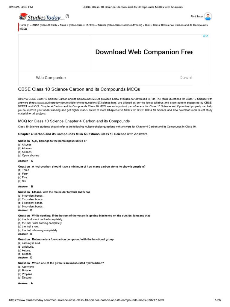 CBSE Class 10 Carbon Compounds MCQs | PDF | Alkene | Chemical Bond