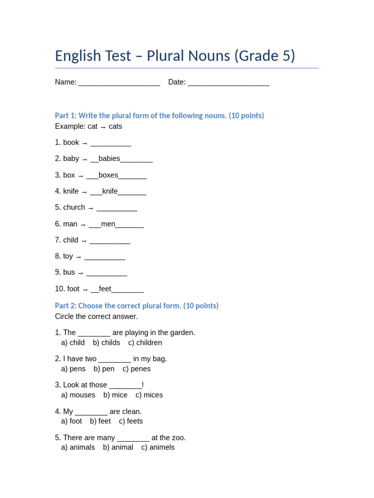 Plural Nouns Test Grade5 | PDF