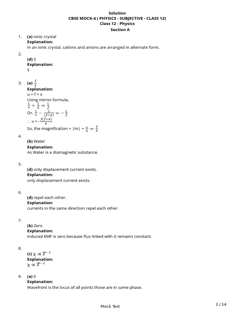 CBSE Class 12 Physics Mock Test Solutions | PDF | Photoelectric Effect ...