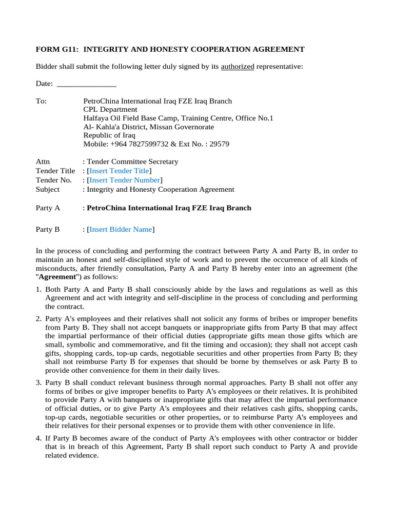FORM G11 - Integrity and Honesty Cooperation Agreement | PDF | Private Law