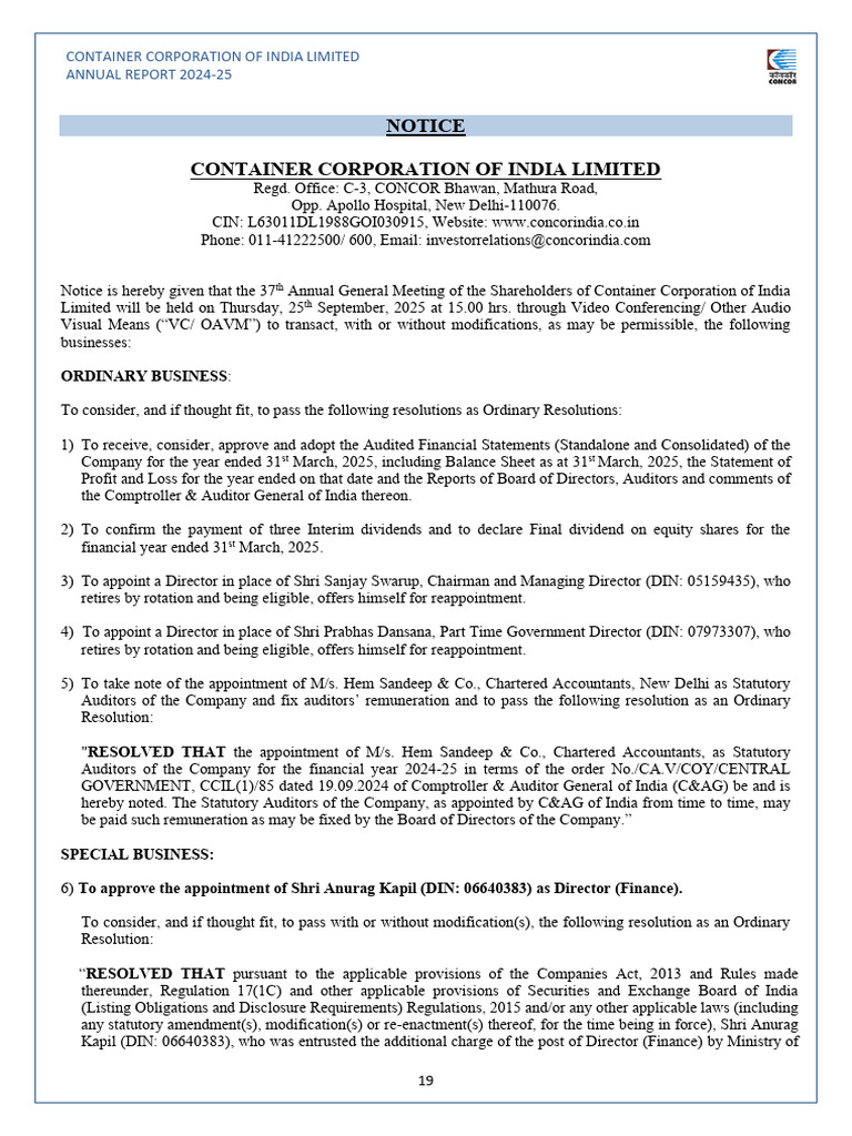 90vlfohv6rgh1zm Concor Notice 37agm 2025 | PDF | Dividend | Securities ...