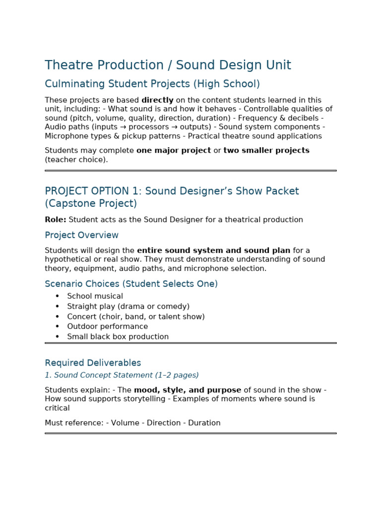Theatre Sound & Sound Design Unit - Student Project Pack | PDF ...