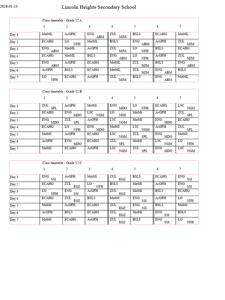 Grade 12 & 11 Class Timetables | PDF