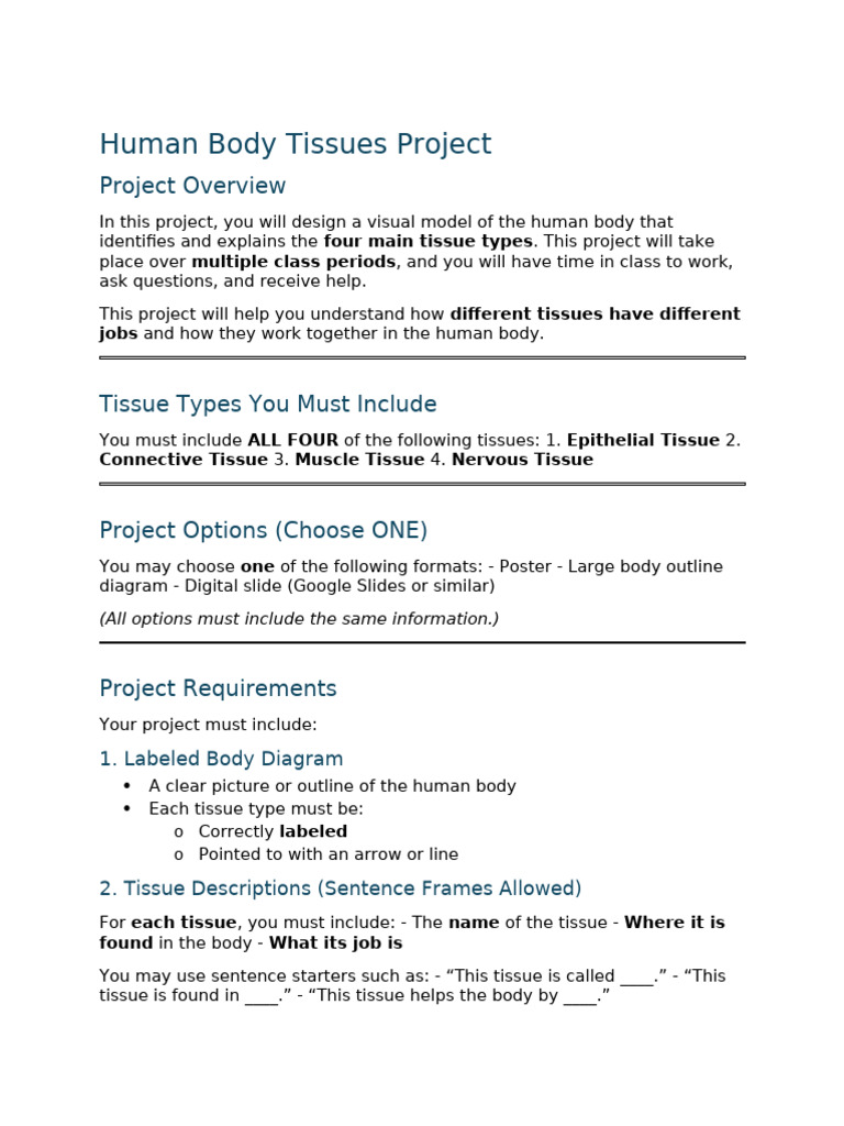 Human Body Tissues Project Guide | PDF | Tissue (Biology)