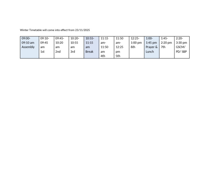 Winter Timetable Header 2025-26 | PDF