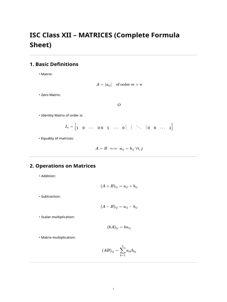 Complete Matrices Formula Sheet for ISC XII | PDF | Matrix (Mathematics ...