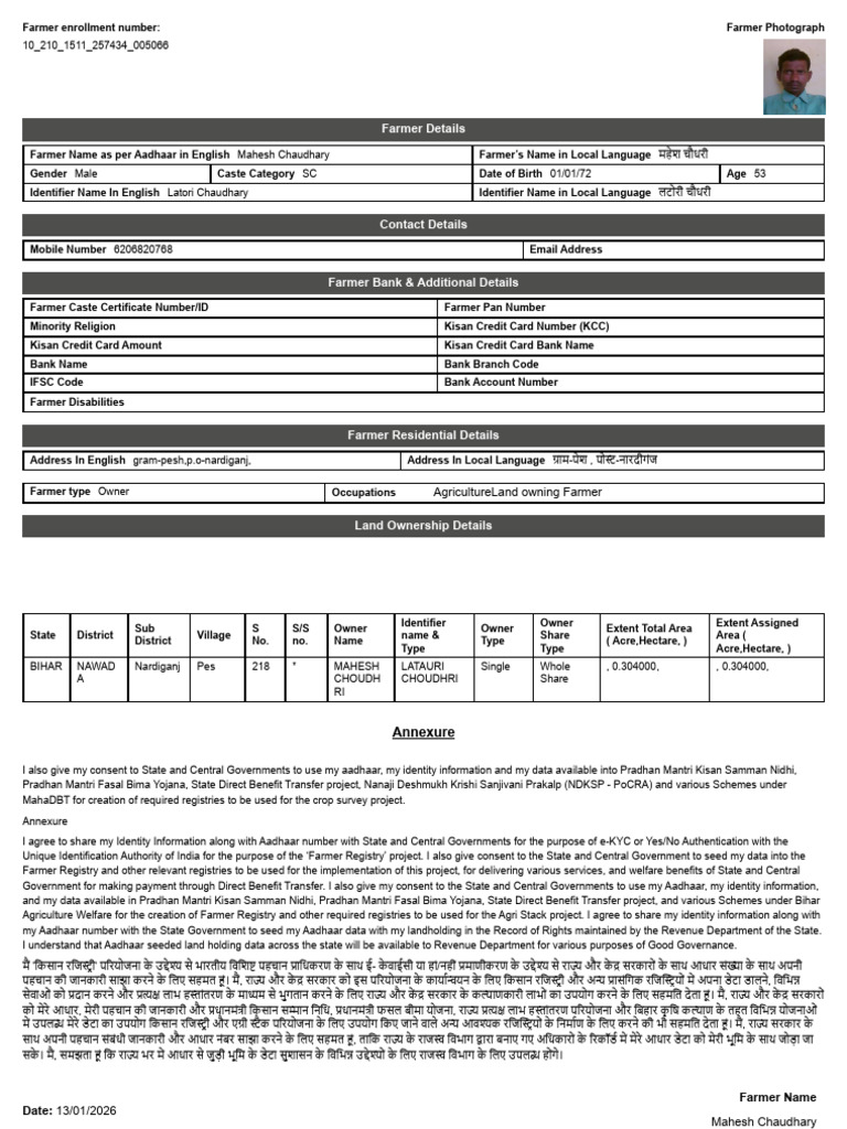 Farmer Registry Enrollement Data | PDF
