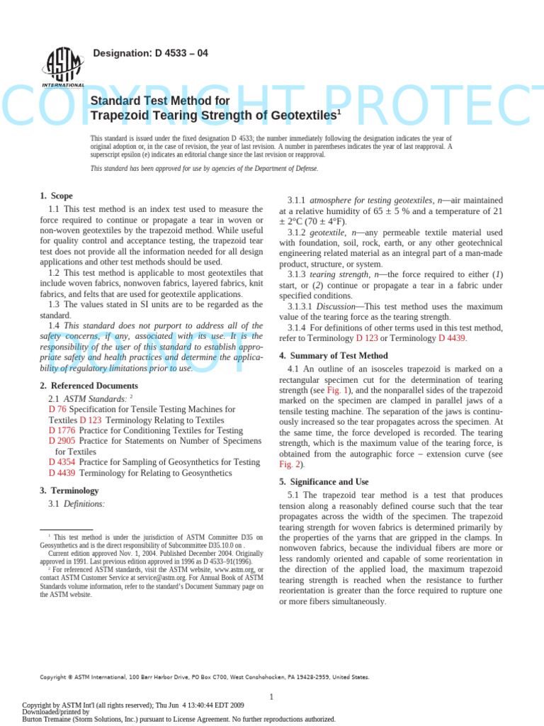 Trapezoid Tearing Strength Test for Geotextiles | PDF | Textiles