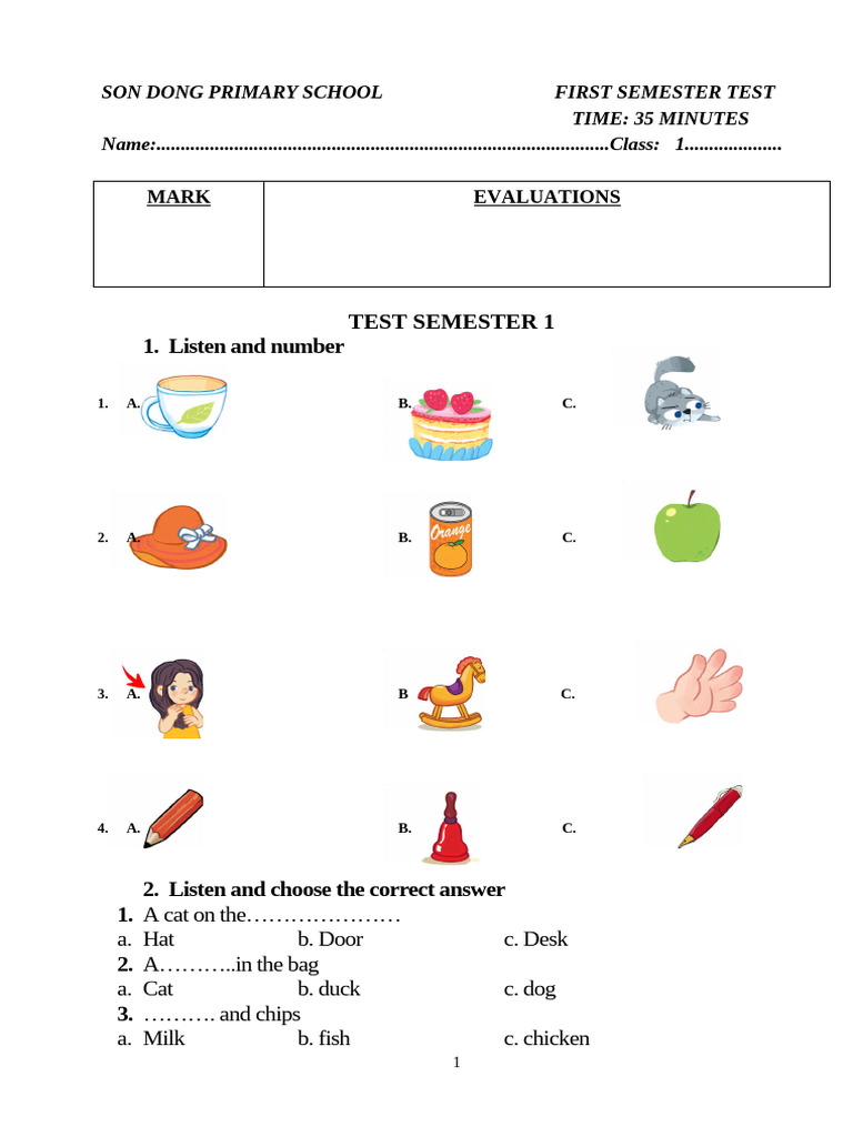 De Kt Tieng Anh Lop 1 Ki 1 Hs | PDF