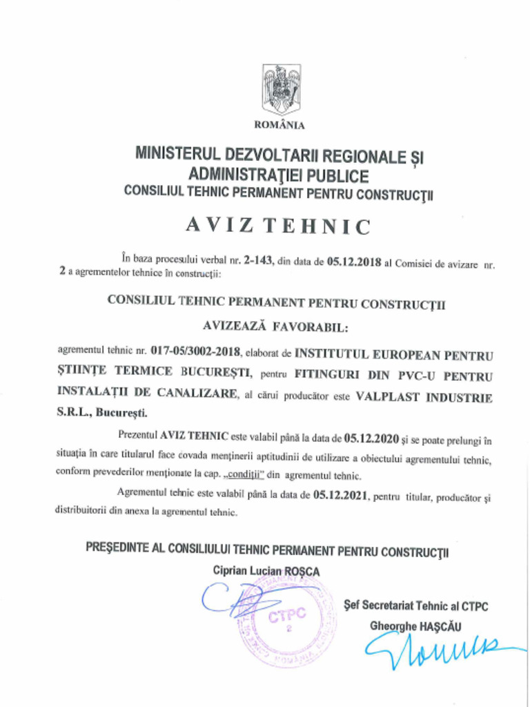 3002_Aviz Si Agrement Fitinguri Din PVC Canalizare Valplast | PDF