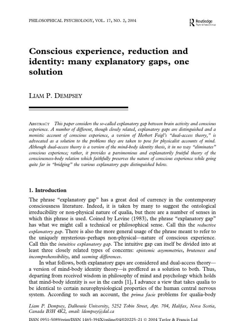 Consciousness Experience Reduction and Identity | PDF | Qualia | Reductionism