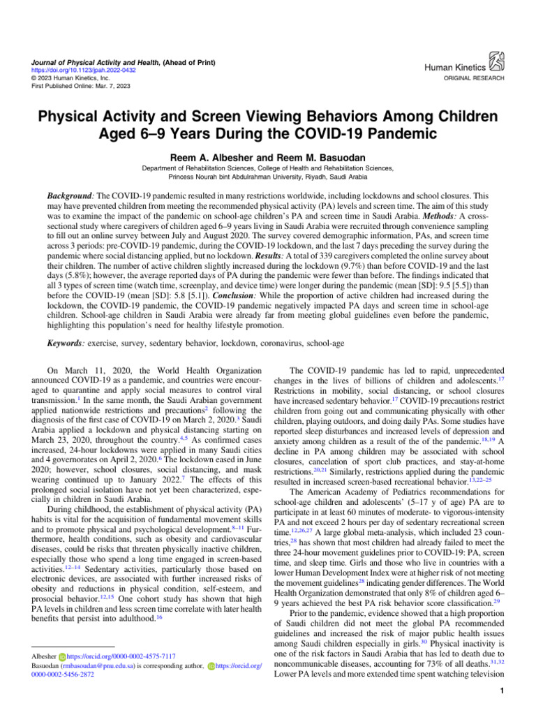 Physical Activity and Screen Viewing Behaviors Among Children Aged 6-9 ...