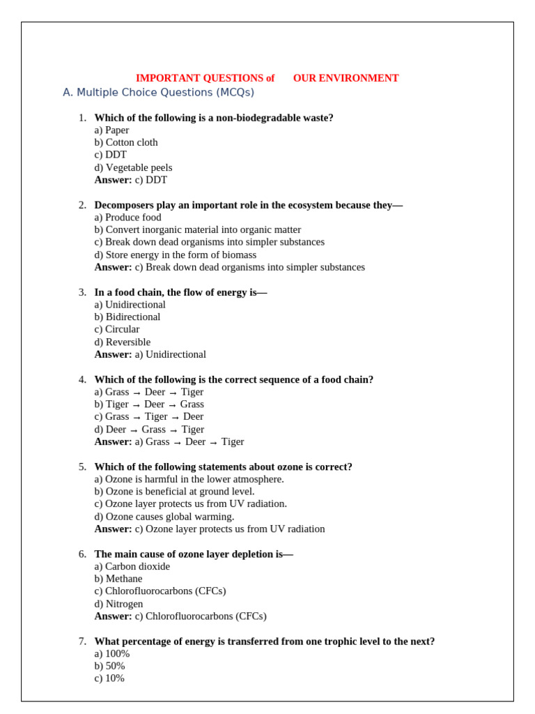 Essential Environmental MCQs and Answers | PDF | Ecosystem | Ozone